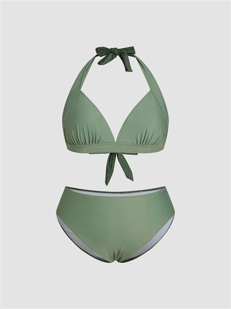 Knit Fabric Solid Halter Tie Back Bikini Swimsuit Curve And Plus For Vacation Swimming Pool Beach