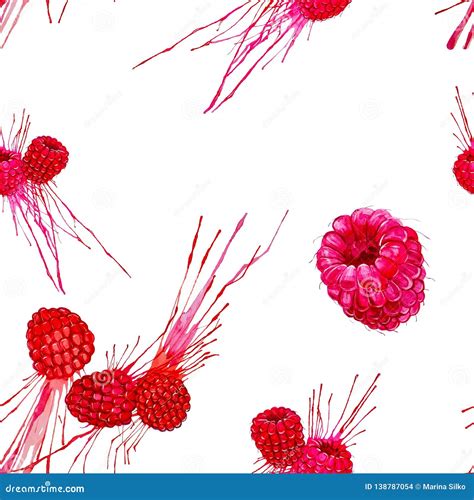 Watercolor Illustration Of Raspberry In Juice Splash Isolated On A