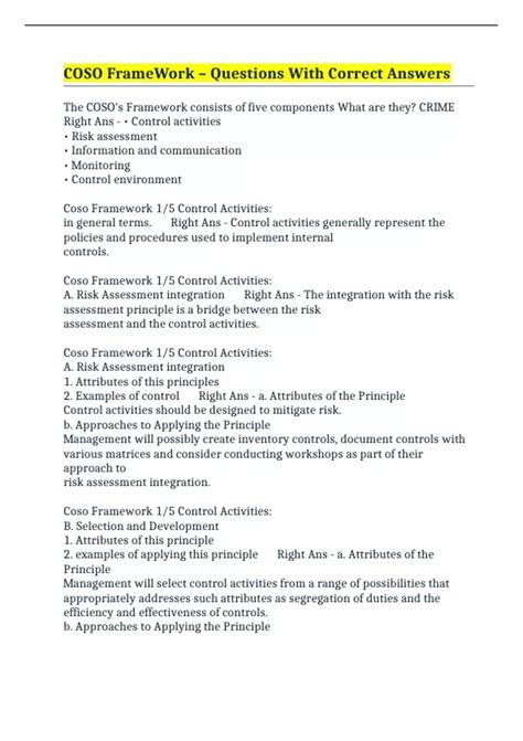 Coso Framework Questions With Correct Answers Coso Stuvia Us