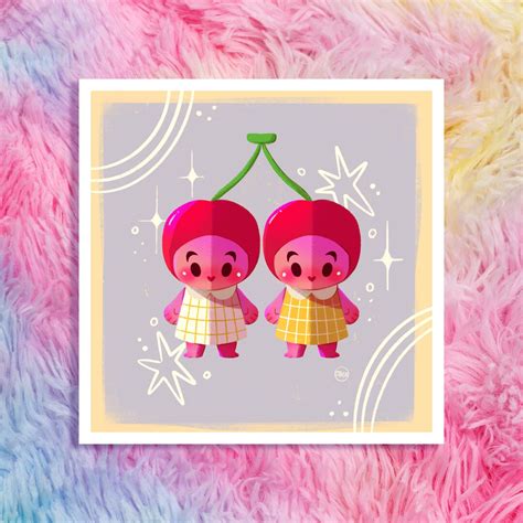 Cherry Twins Illustration Holographic Print Etsy