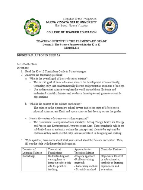 Activity 2 The Science Framework In The K To 12 Pdf Science