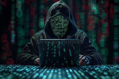 Digital Image Of Hacker In A Hood Sitting At A Table With A Laptop Front View On A Dark