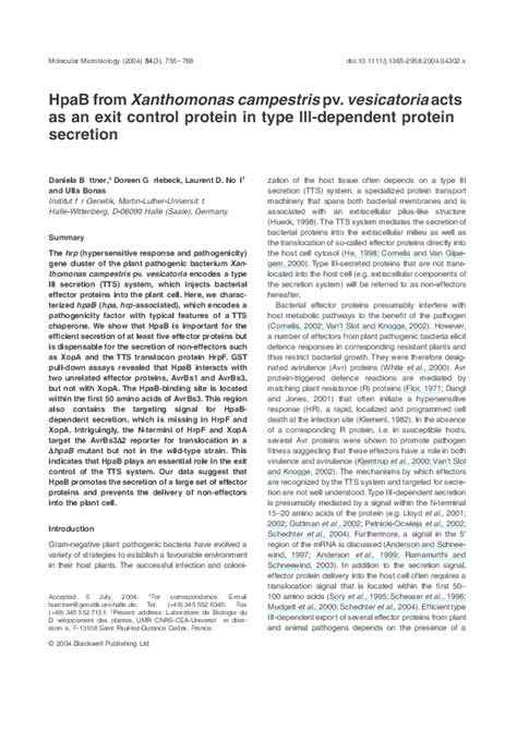 Pdf Hpab From Xanthomonas Campestris Pv Vesicatoria Acts As An Exit Control Protein In Type