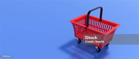 바구니 쇼핑 빈 파란색 배경에 슈퍼마켓 카트 빨간색 3d 일러스트레이션 3차원 형태에 대한 스톡 사진 및 기타 이미지 3차원 형태 개념 고객 Istock