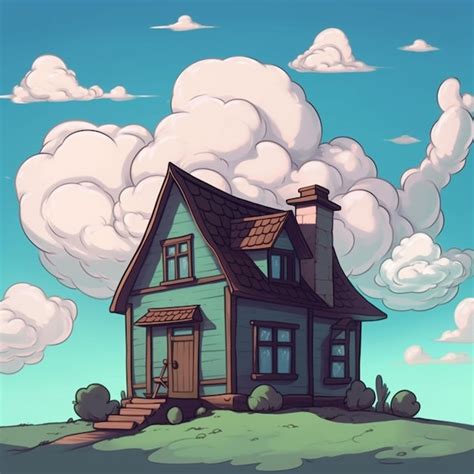 Uma Casa De Desenho Animado Em Uma Colina Nuvens Ao Fundo Foto