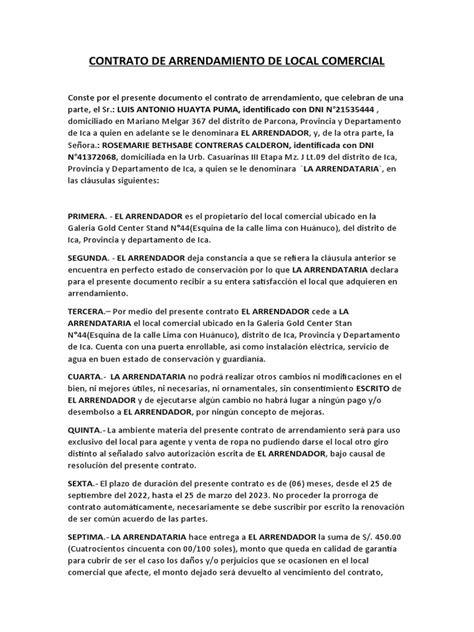 Contrato De Arrendamiento De Local Comercial Pdf