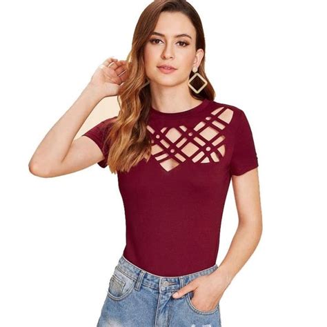 💕host Pick💕maroon Elegant Geo Cut Out T Shirt Ropa Blusas Juveniles Moda Moda