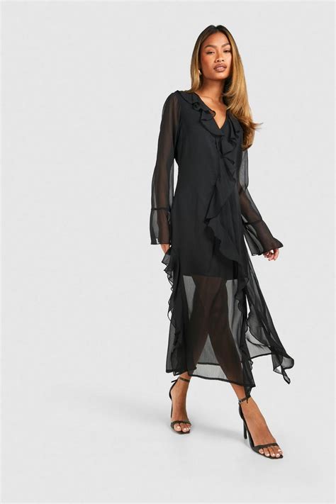 Chiffon Frill Midi Smock Dress Boohoo Uk
