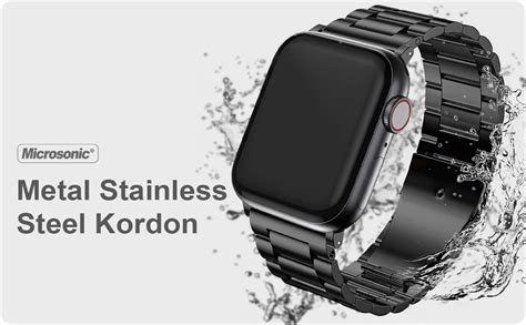Microsonic Apple Watch Series 9 45mm Metal Stainless Steel için Kordon Siyah Watch Series 9