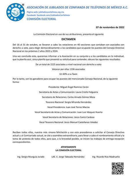 Dictamen de la Comisión Electoral Resultados Asociación de Jubilados