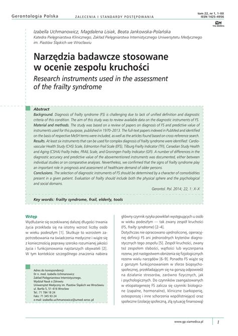 Pdf Research Instruments Used In The Assessment Of The Frailty Syndrome