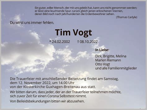 Traueranzeigen Von Tim Vogt Trauer HNA De
