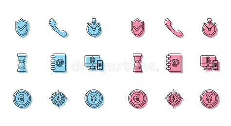 Set Line Coin Money With Euro Symbol Target Dollar Shield Check Mark Yen Address Book