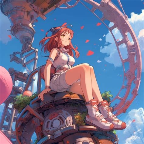 Premium Ai Image Anime Girl Sitting On A Giant Wheel With A Sky