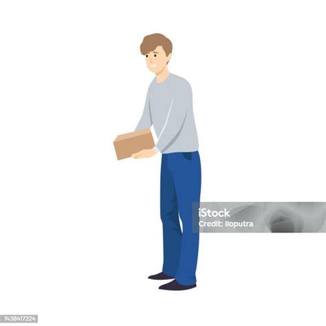 한 남자가 선물로 손에 상자를 들고 있습니다 남자는 골판지 상자를 들고 있습니다 격리 벡터 굽은에 대한 스톡 벡터 아트 및 기타