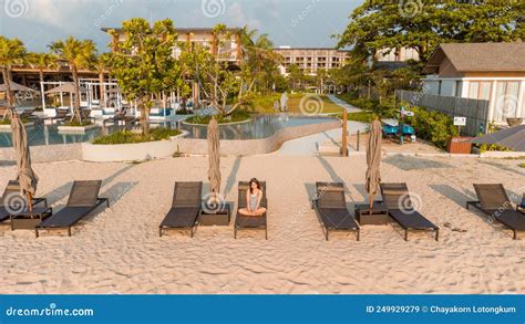 Lady With Swimsuit Lay On Sunbed With No Umbrella Stock Image Image
