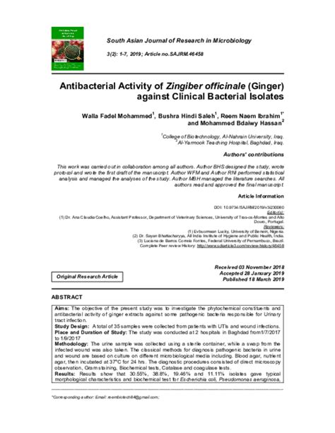 Pdf Antibacterial Activity Of Zingiber Officinale Rhizome Extract