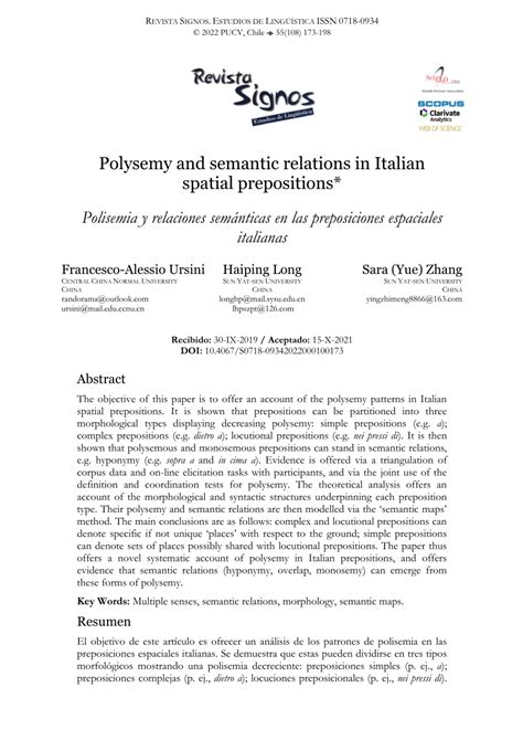 Pdf Polysemy And Semantic Relations In Italian Spatial Prepositions