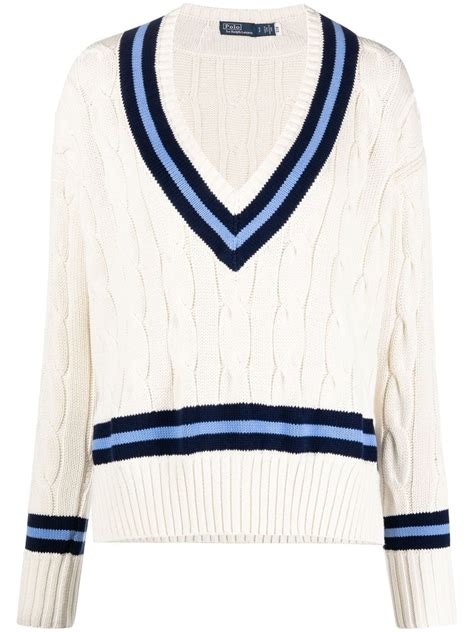 Polo Ralph Lauren Cricket Striped Cable Knit Cotton Sweater In Cream