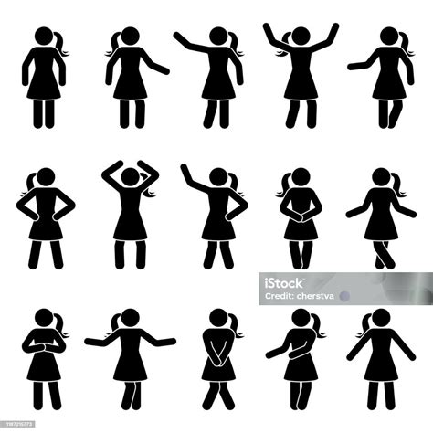 Femme De Figure De Bâton Restant Vue Avant Différentes Poses Pictogram