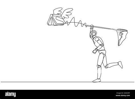 Single Continuous Line Drawing Robot Try To Catching Flying Book With Butterfly Net Education