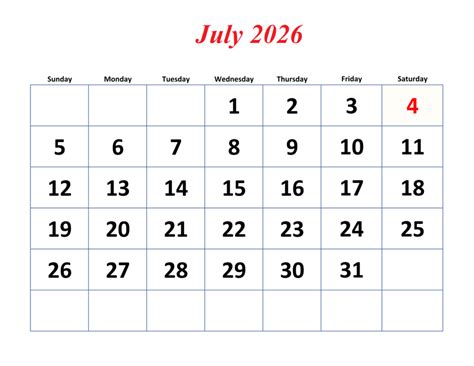 Free July 2026 Calendar Printable With Holidays And Notes