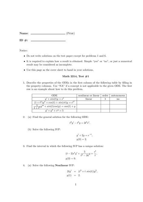 Differential Equations Test 2 With Solution Key Math 2214 Exams