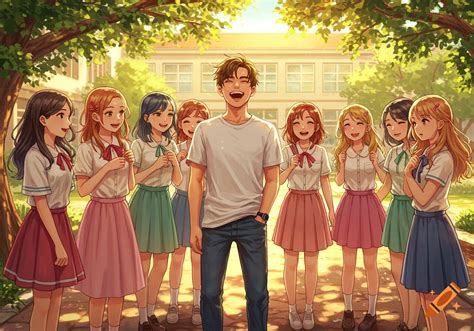 Anime Illustration Of A Happy Boy Surrounded By Smiling Girls In School