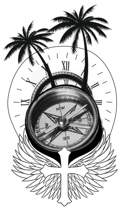 Compass Tattoo Design With Palm Trees