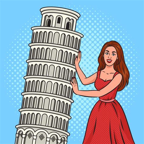 Girl Holding Leaning Tower Of Pisa Pop Art Raster Stock Illustration