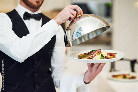 Waiter Hands And Opening Plate Of Food For Serving Meal Or Customer