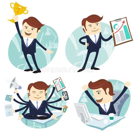 办公室人被设置：显示图表，他的书桌的愉快的工作者，繁忙 向量例证 插画 包括有 人们 愉快 43910389