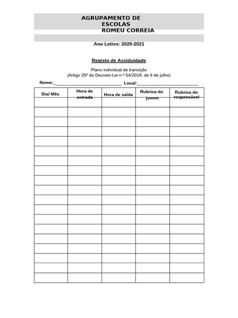 Registo De Assiduidade Pit Pdf