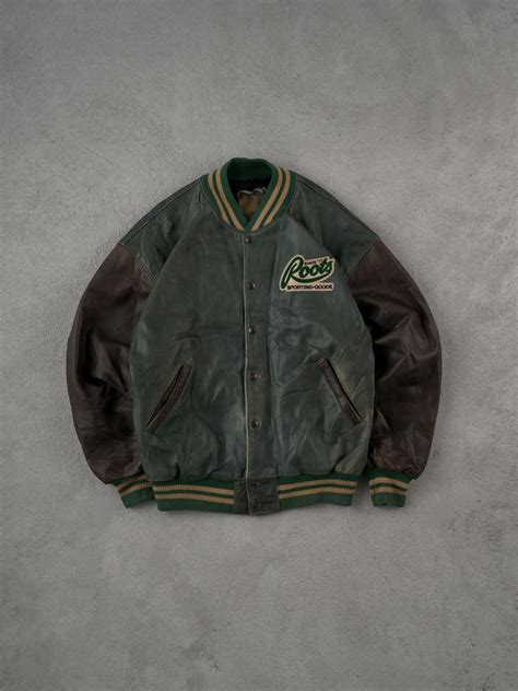 Vintage 90s Green Ford X Roots Sporting Good Leather Varsity Jacket L