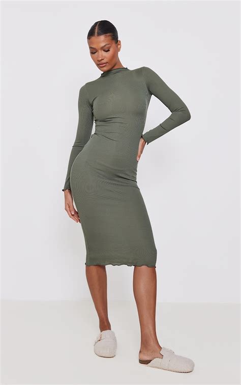 Khaki Rib Lettuce Hem Long Sleeve Midaxi Dress Prettylittlething