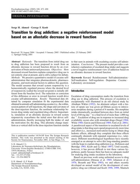 Pdf Transition To Drug Addiction A Negative Reinforcement Model