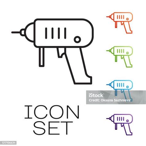 흰색 배경에 격리 된 검은 색 라인 전기 드릴 기계 아이콘입니다 복구 도구 다채로운 아이콘을 설정합니다 벡터 일러스트레이션 가정 생활에 대한 스톡 벡터 아트 및 기타 이미지