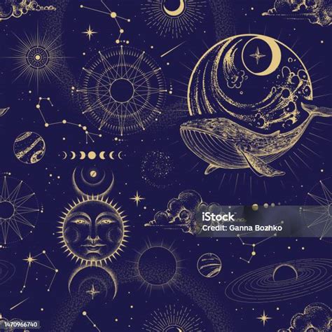 현대 마술 요술 점성술은 태양 별 행성 및 우주 공간과의 원활한 패턴입니다 점성술 배경 벡토 그림 고래에 대한 스톡 벡터 아트