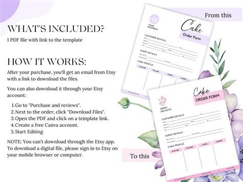 Customizable Cake Order Form Cake Contract Template Cake Care Instructions Order Tracker For
