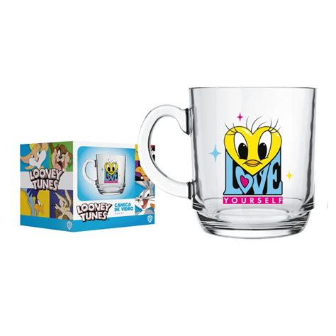 Caneca De Vidro 300ml Lonney Tunes Piu Piu Caixa Para Presente