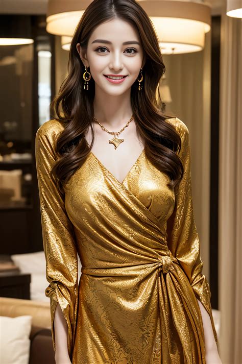 A Woman In A Gold Dress Standing In A Living Room Seaart Ai