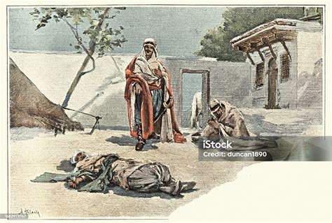 빈티지 일러스트레이션 아랍 북아프리카 라이벌의 몸 위에 서 있는 남자 프랑스 1890년대 19세기 1890 1899 년에 대한 스톡 벡터 아트 및 기타 이미지 Istock