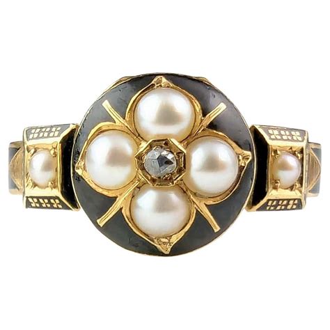 Antique Victorian 18k Yellow Gold Enamel Pearl In Memory Of Mourning
