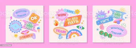 90 년대 스타일의 패치와 스티커가있는 귀여운 재미있는 템플릿의 벡터 세트 강렬하고 밝은 색상에 대한 스톡 벡터 아트 및 기타 이미지 강렬하고 밝은 색상 개념 고객