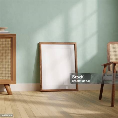 빛 반사가 있는 거실 내부의 수직 나무 프레임 모형 3d 렌더링 3d 그림 0명에 대한 스톡 사진 및 기타 이미지 0명