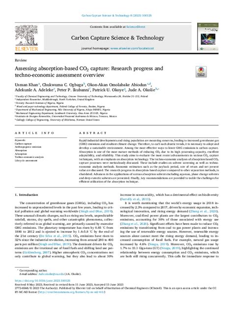 Pdf Assessing Absorption Based Co2 Capture Research Progress And Techno Economic Assessment