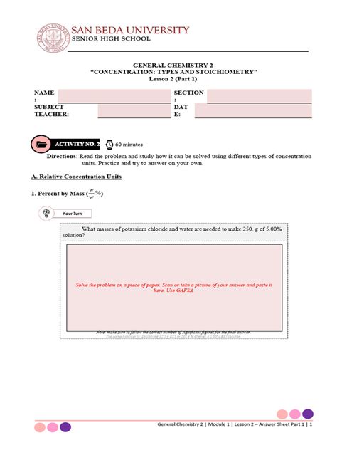 Gc2 M1l2 Answer Sheet Part 1 Concentration Units And Stoichiometry Of