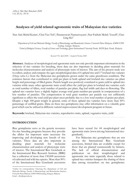Pdf Analyses Of Yield Related Agronomic Traits Of Malaysian Rice Varieties
