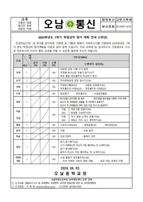 2024학년도 1학기 123학년 학업성적 평가 계획 안내 가정통신문 가정통신문 오남중학교