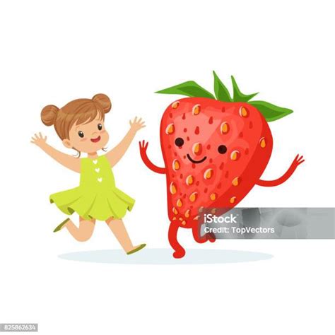 행복 한 여자 아이 다채로운 캐릭터 벡터 일러스트 레이 션에 대 한 신선한 미소 딸기 건강 식품과 재미 건강한 식생활에 대한 스톡 벡터 아트 및 기타 이미지 Istock